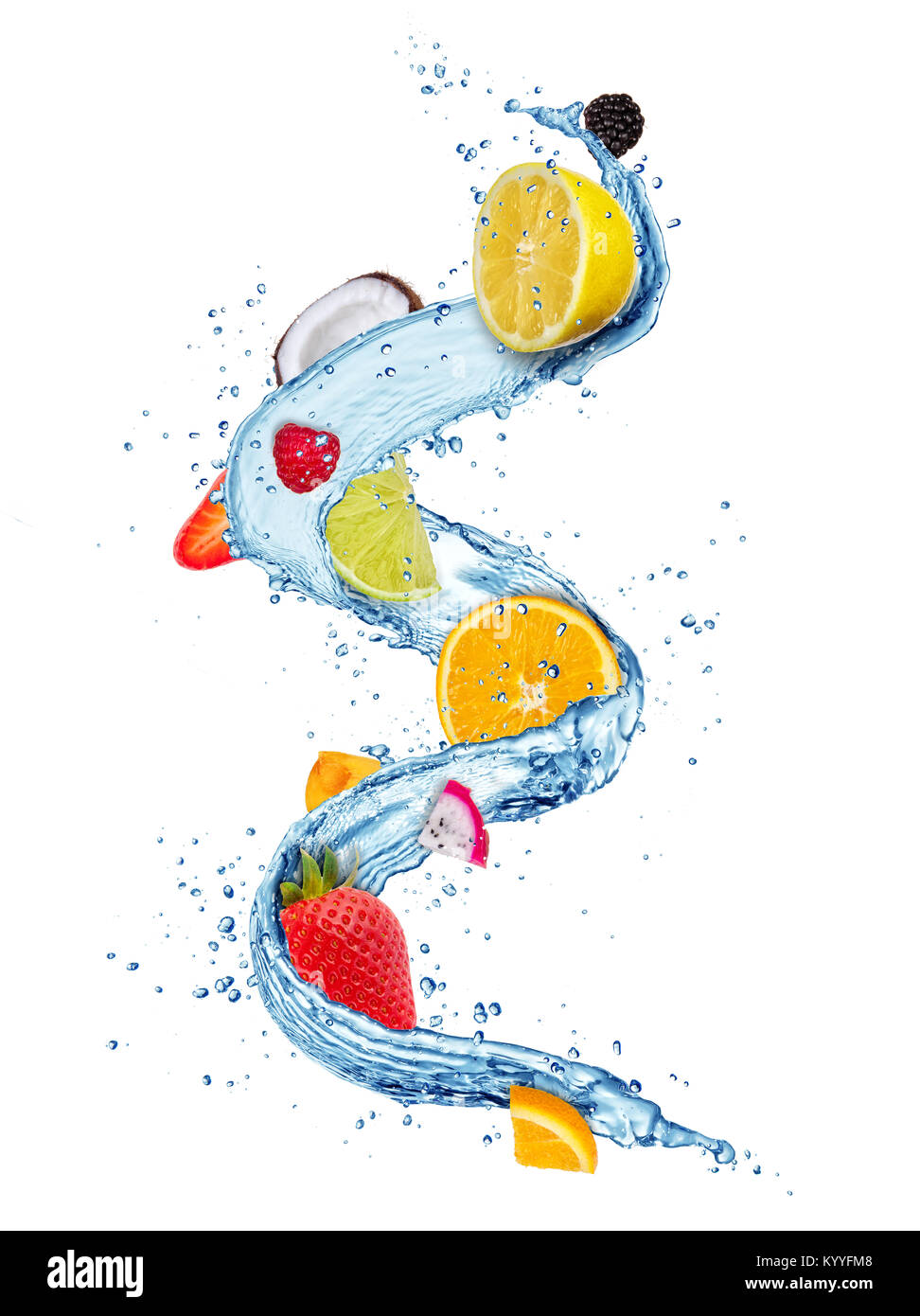 Pieces of fresh fruit in water splashes. Fresh drink concept. High ...