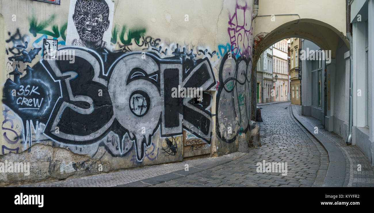 Graffiti covered wall in town, Prague, Czech Republic Stock Photo - Alamy