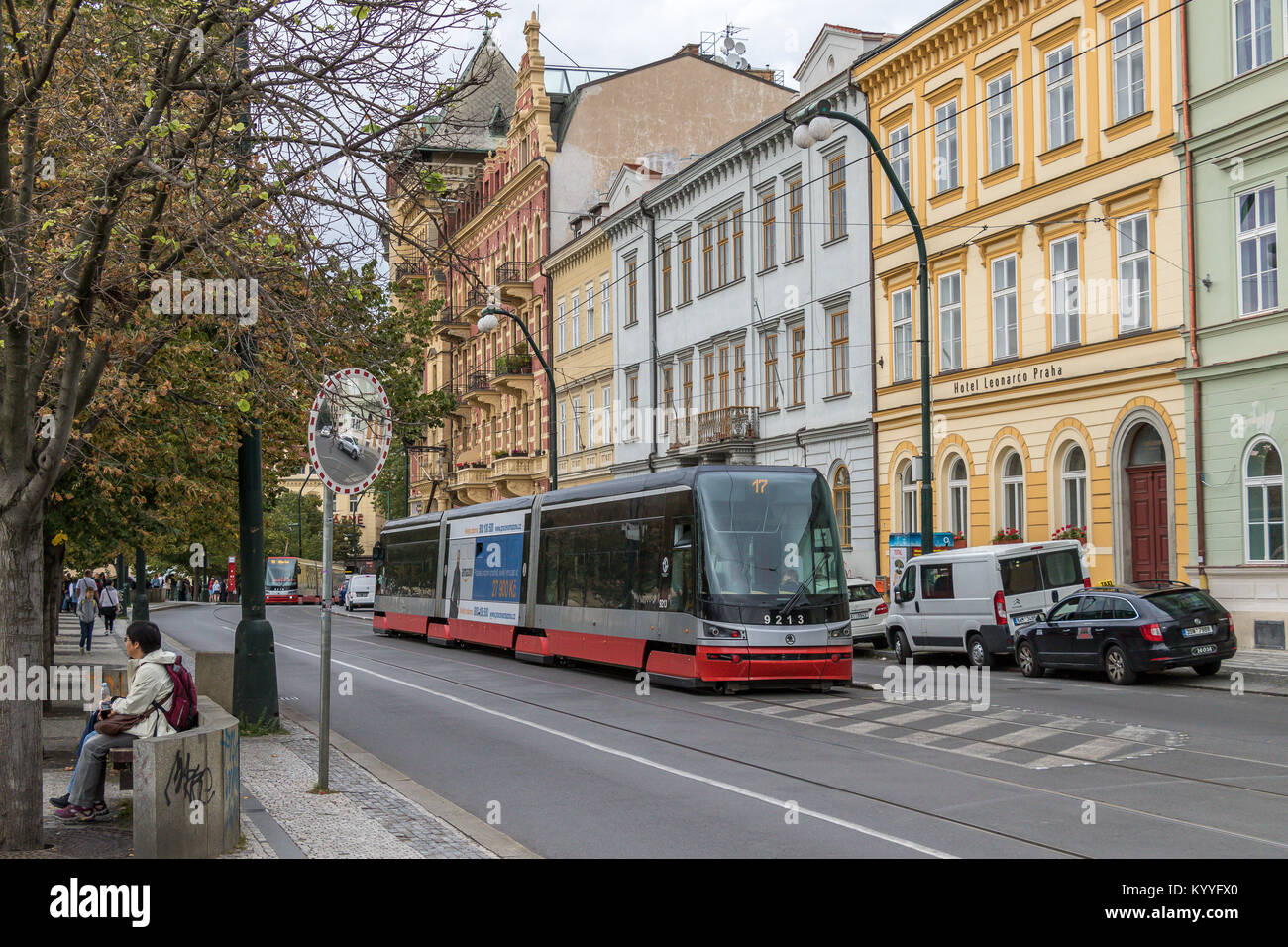 A Skoda 15T Tram makes it's way along a street in Prague, Czech ...