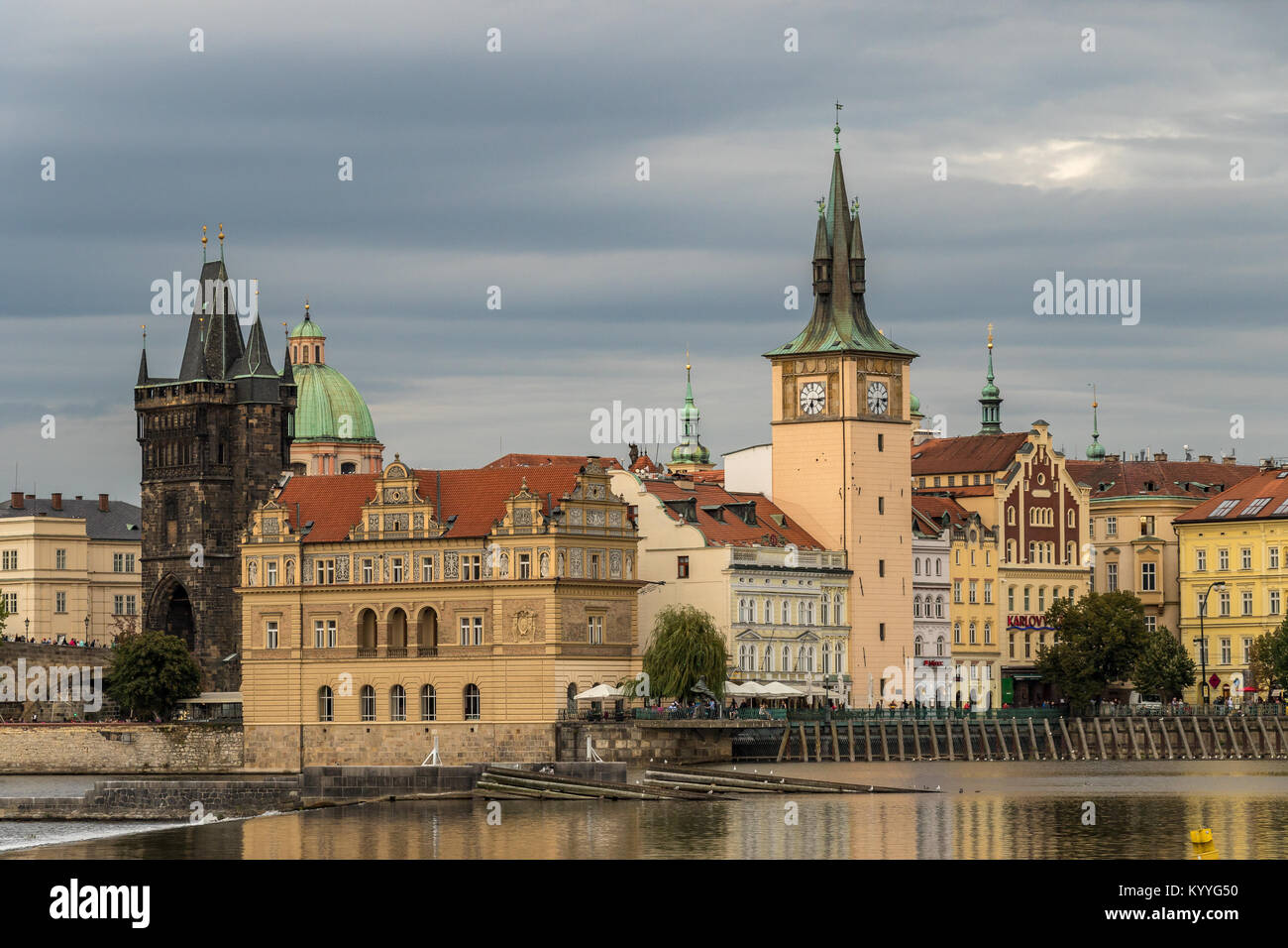 Prague from the Banks of the River Vltava with Old Town Bridge Tower at ...