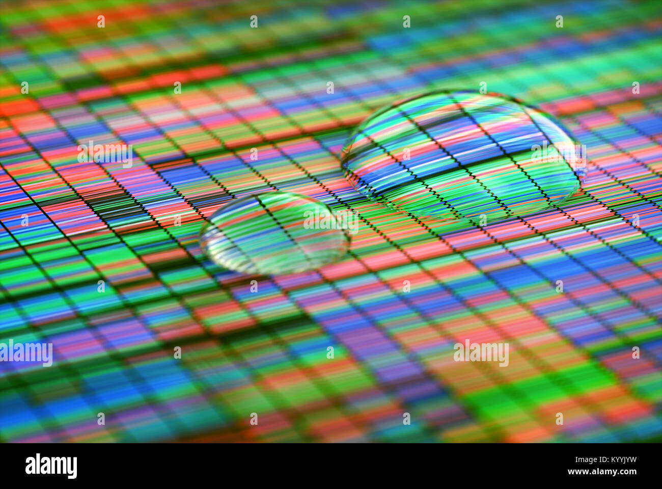 3D Illustration of a method of colored DNA sequencing. Two drops of ...
