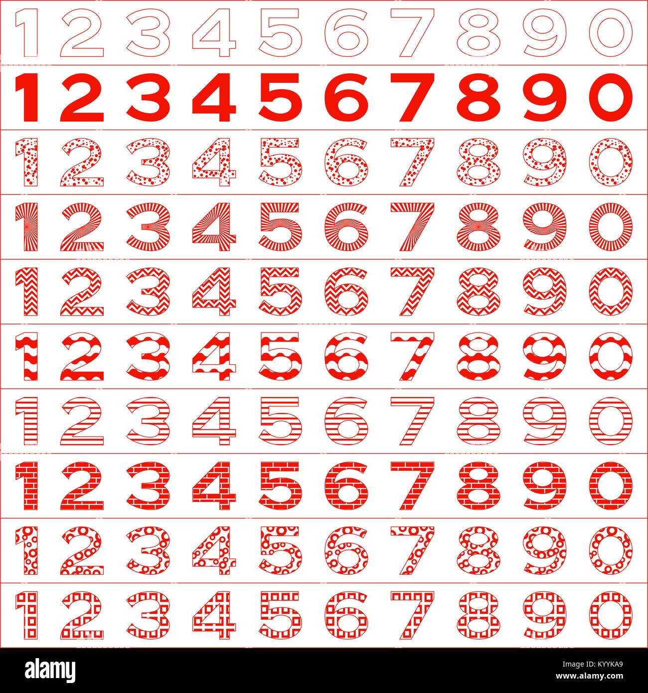 Numbers signs set, from 1 to 9, different patterns, isolated on white ...