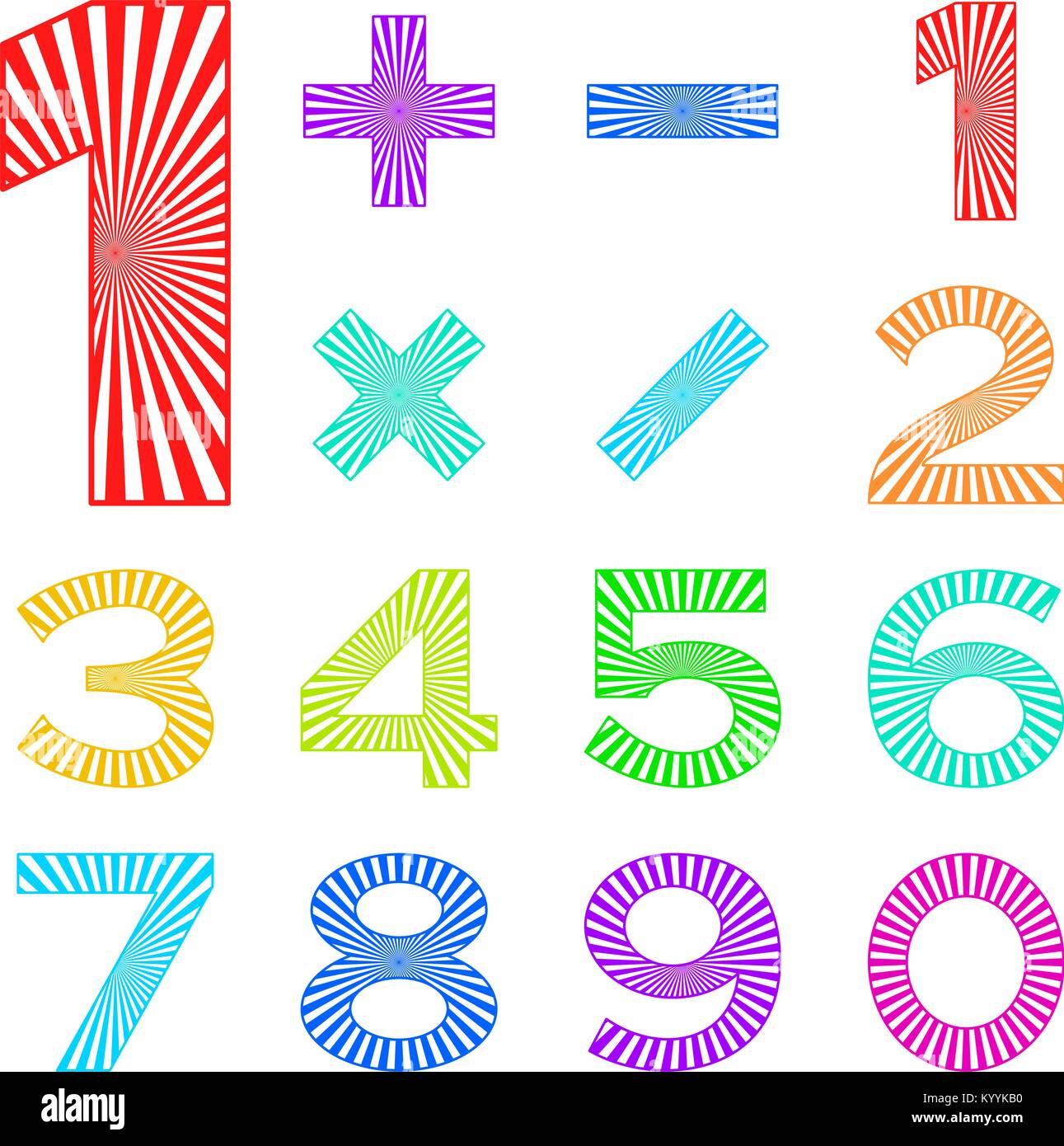 Signs of numbers and mathematical signs decorated with radial rays ...