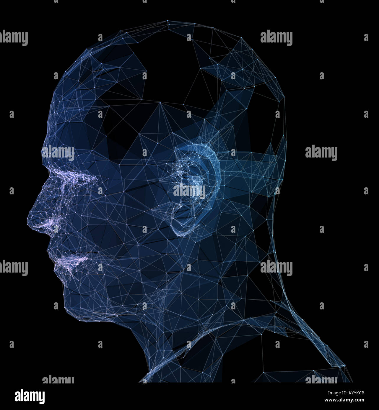 Abstract glowing polygonal head background with neurons. Artificial ...