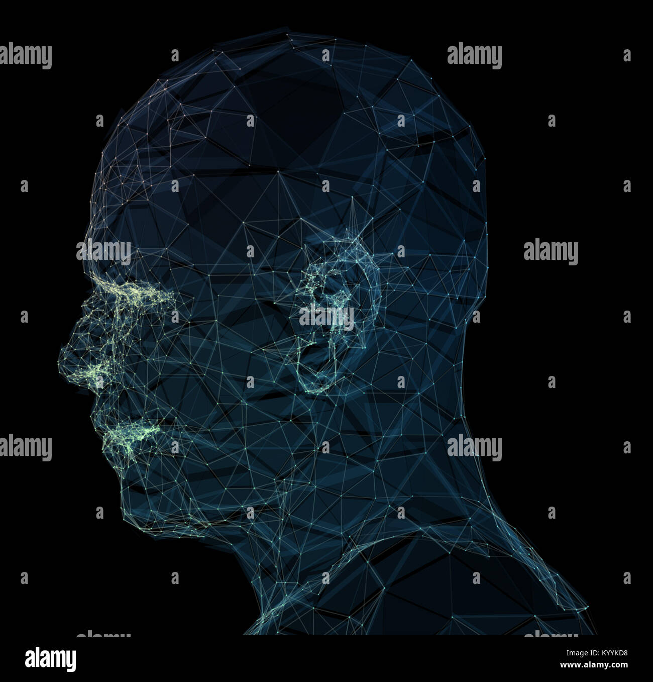 Human head with in 3d space network. Blue abstract futuristic medicine ...