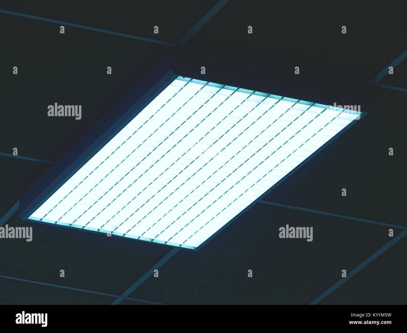 Ceiling of office building with lights. Industry house with blue toned ...