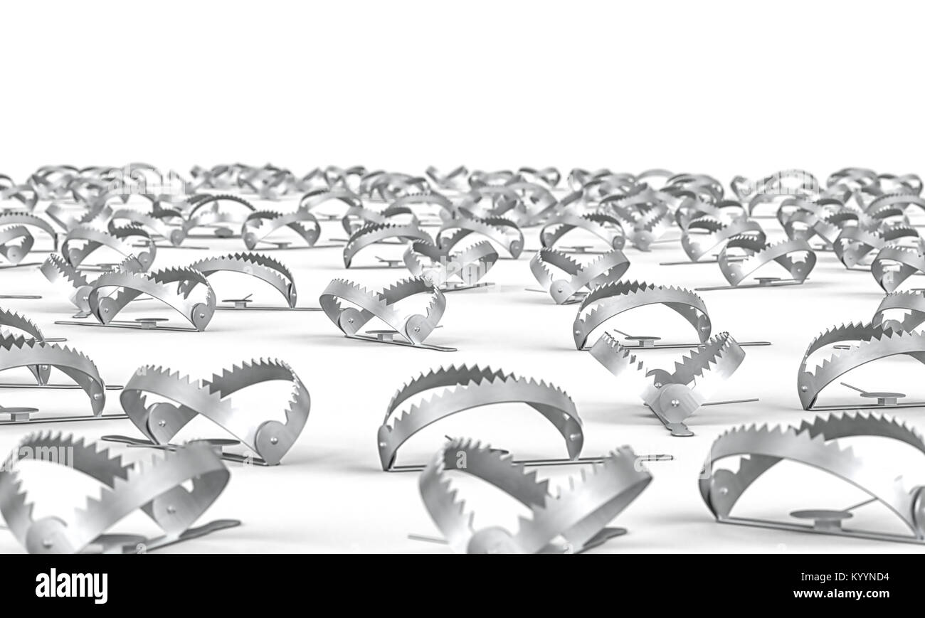 lots of traditional bear trap on white 3d rendering image Stock Photo ...