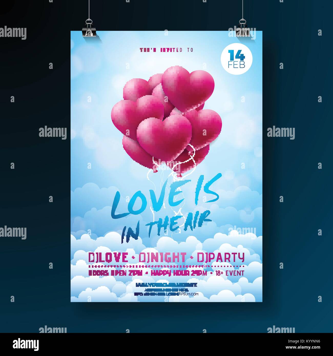 Vector Valentines Day Party Flyer Design with Typography and Balloon ...