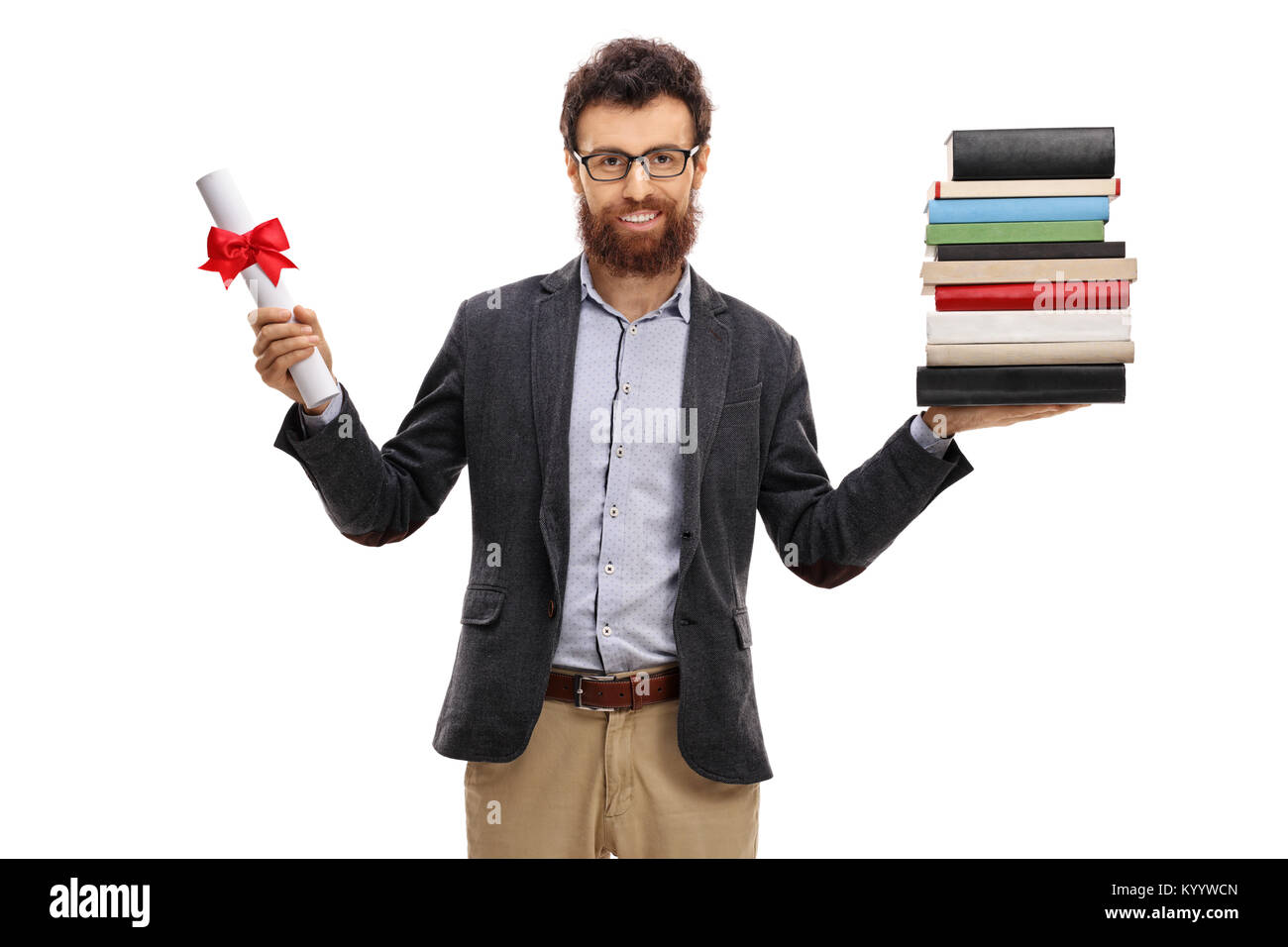 Professor holding a diploma and a stack of books isolated on white ...