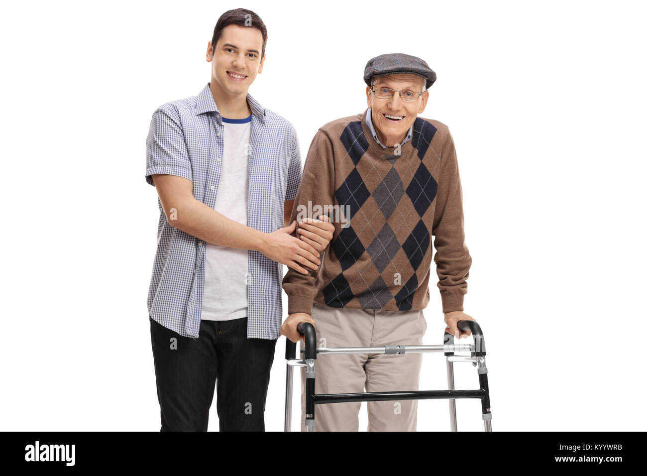 Young man helping a senior with a walker isolated on white background ...
