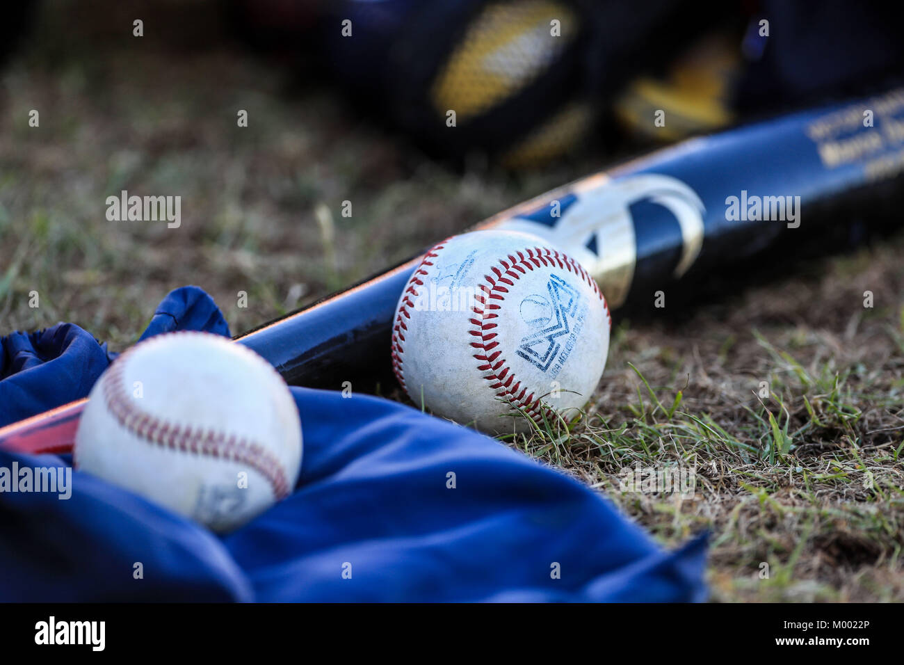 Detail of seams of the LMP logo baseball and bat, previous aspects ...