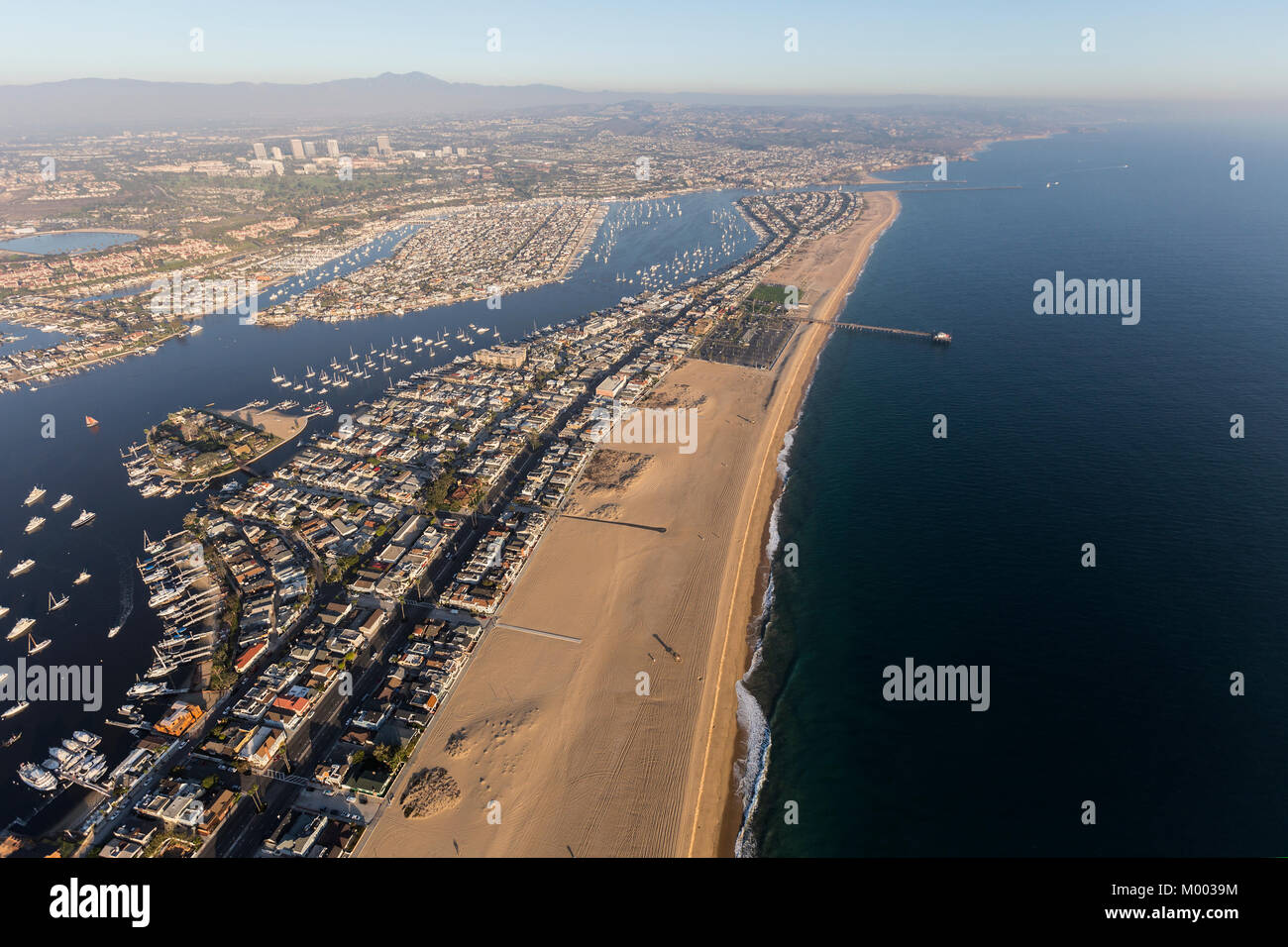 Aerial view of Newport Beach Harbor, Balboa Bay, nearby homes and parks ...