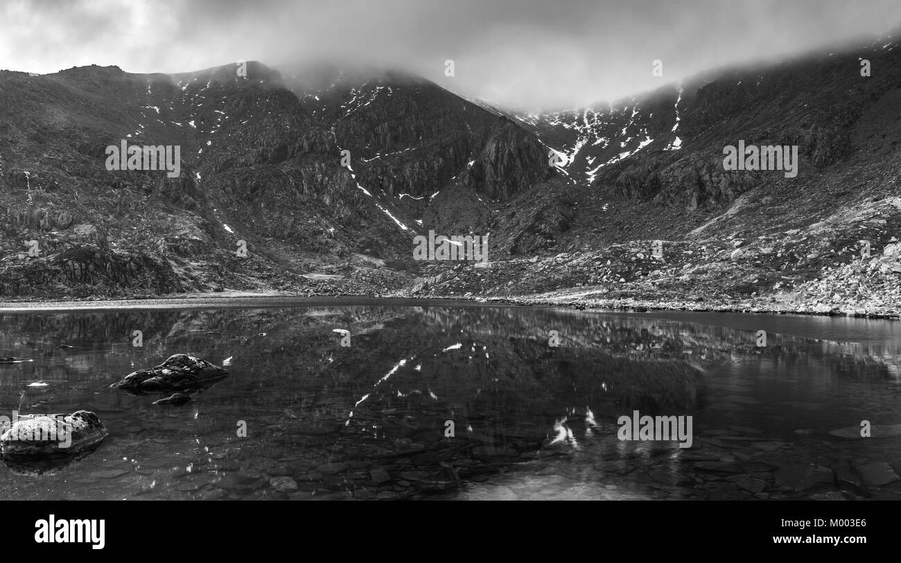 Ffynnon Lloer in Cwm Lloer, with snow on Pen yr Ole wen during winter ...