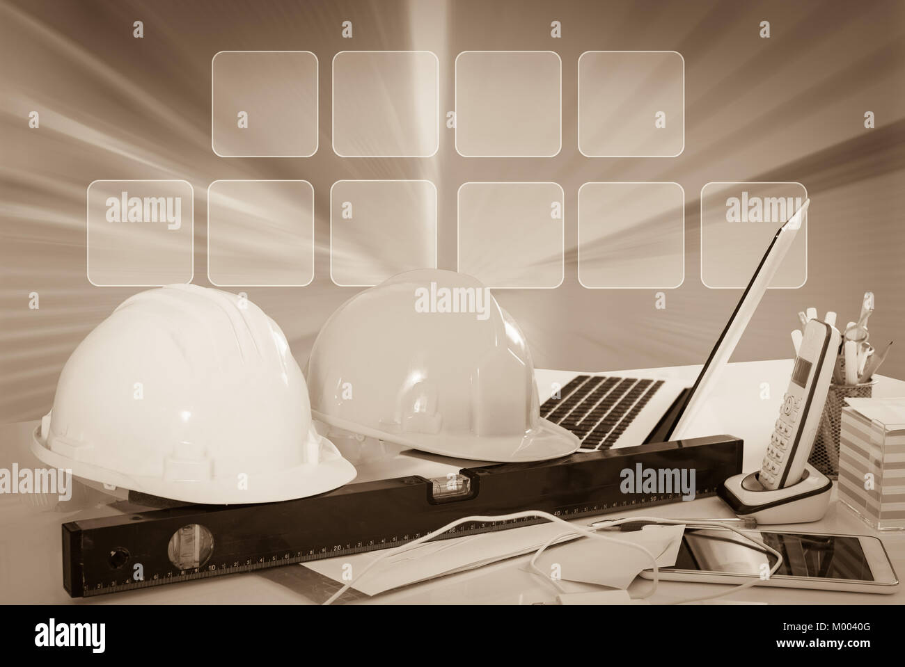 Safety hardhats on desk in engineer office on virtual whiteboard ...