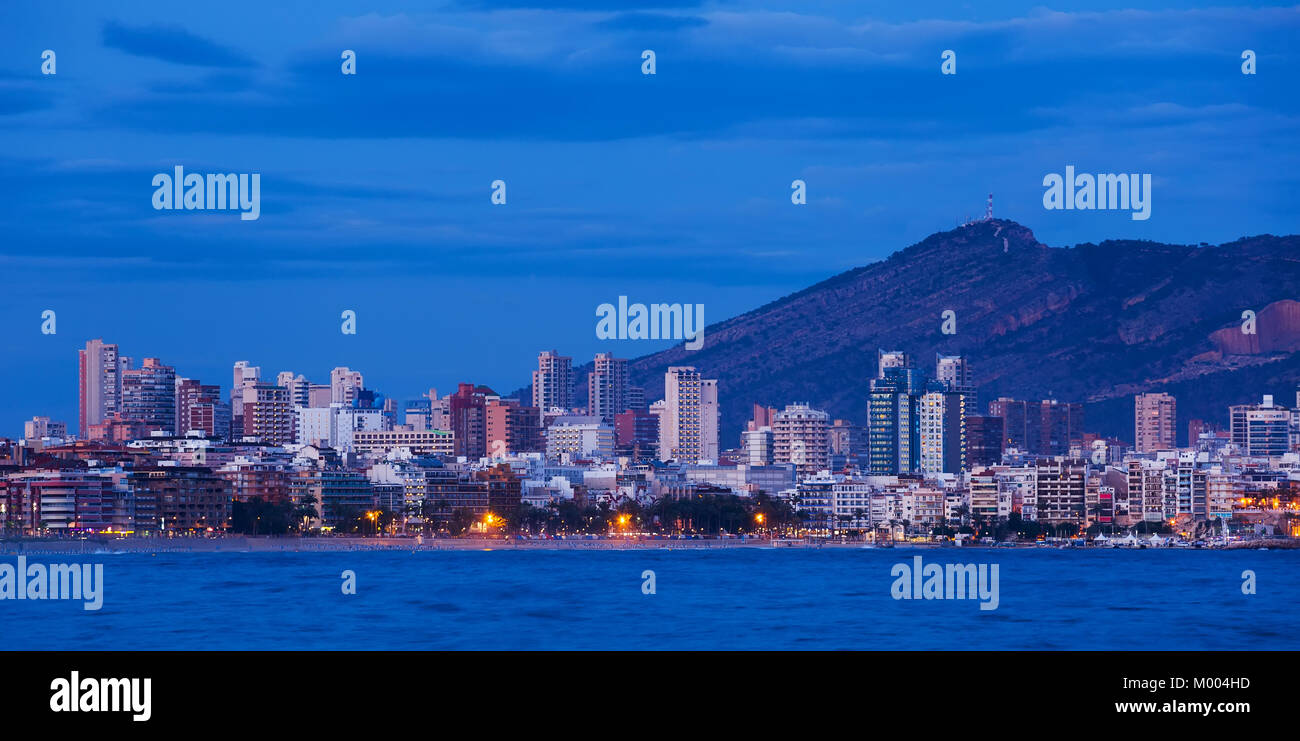 night panoramic view on lights of Benidorm city with seafront and ...