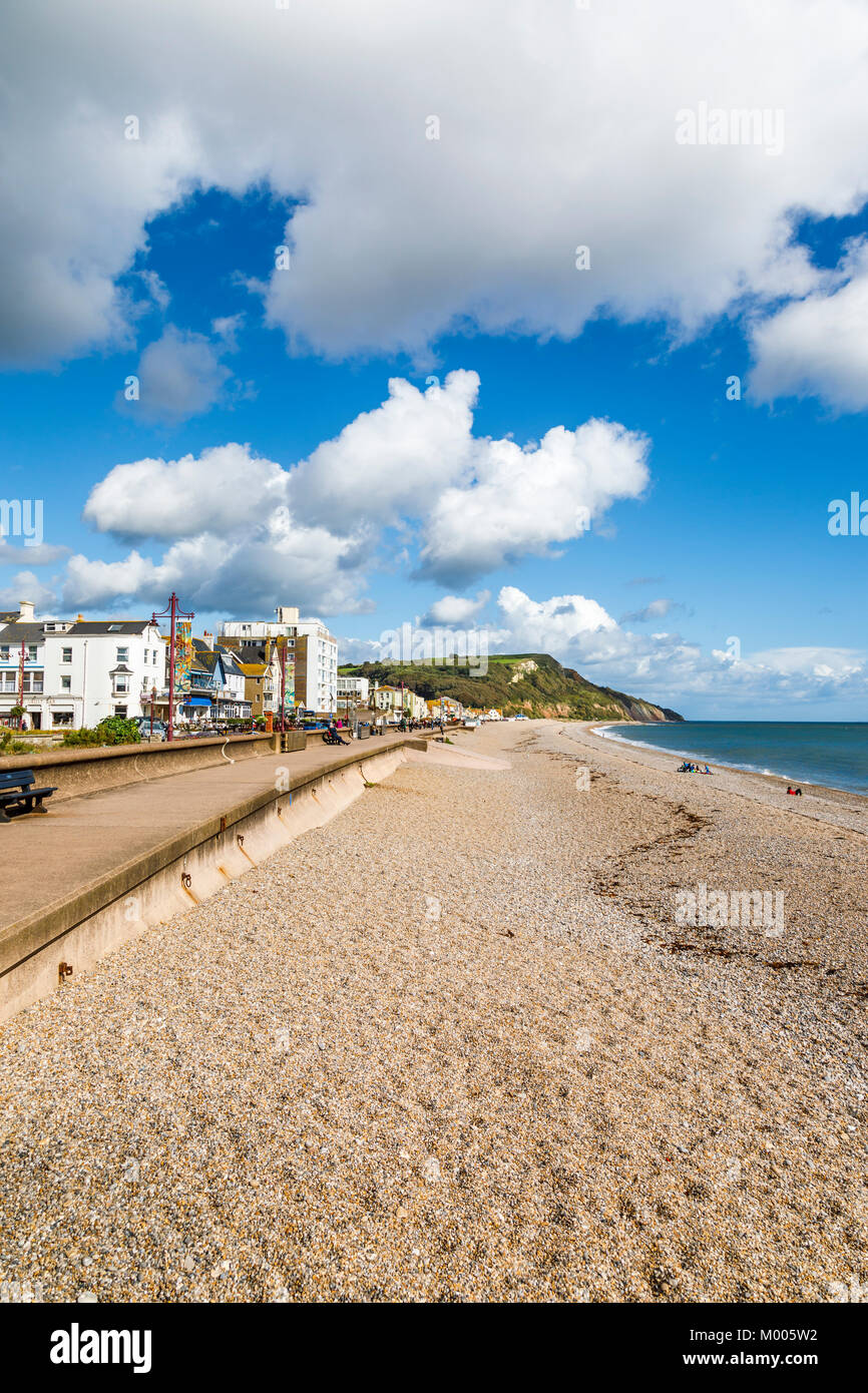 Promenade, shingle beach and coloured cliffs on the coast at Seaton ...