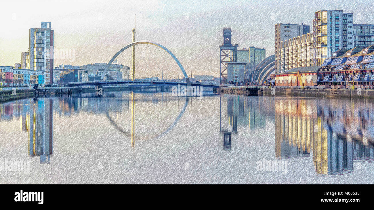 Pencil sketch of the Clyde Arc road bridge spanning the River Clyde in ...