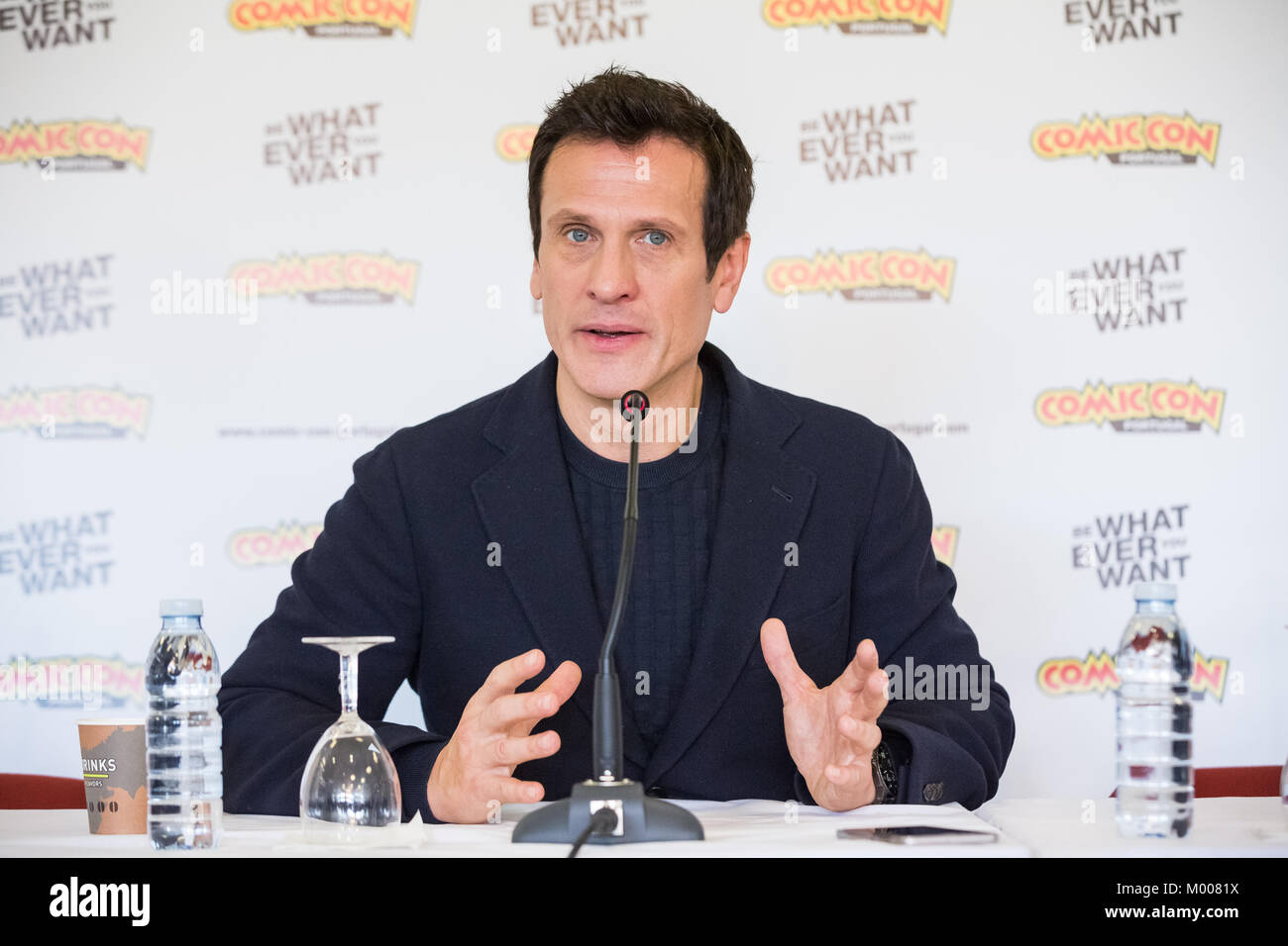 Simon Merrells attending a press conference at Comic Con Portugal in ...