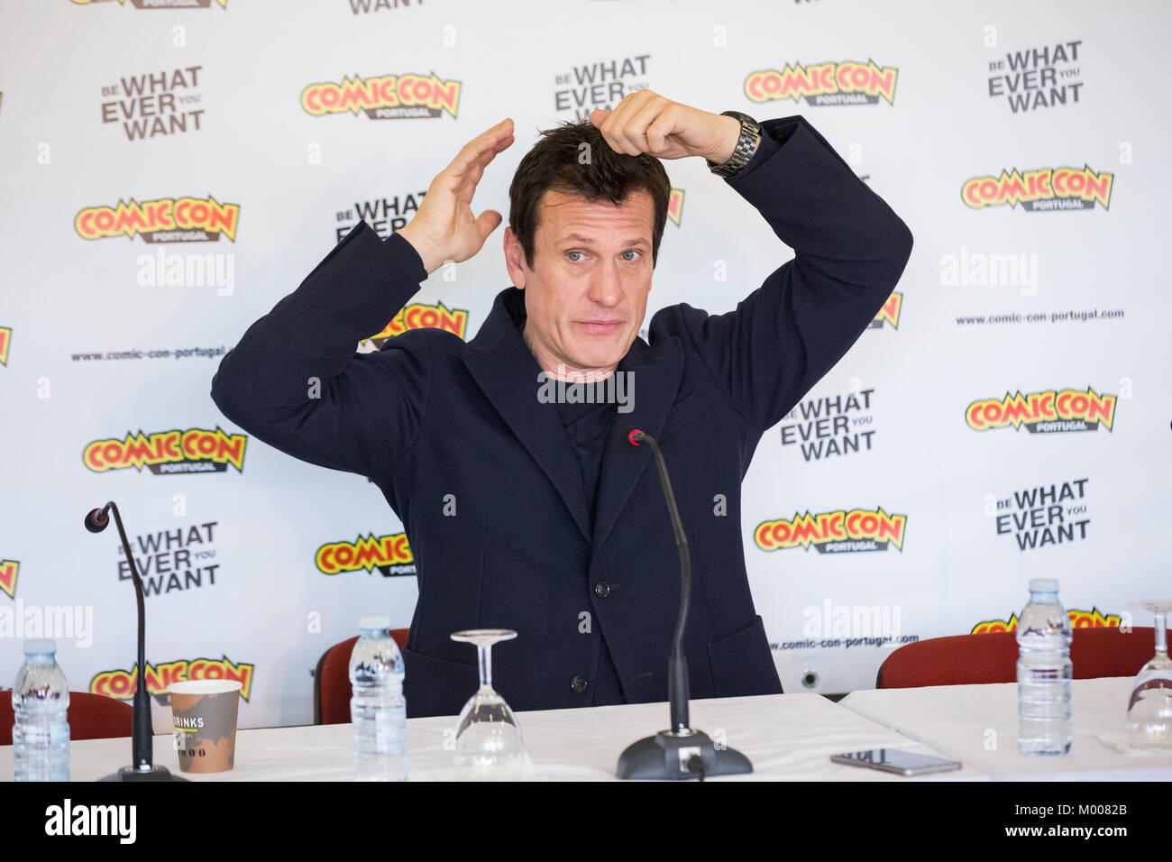 Simon Merrells attending a press conference at Comic Con Portugal in ...