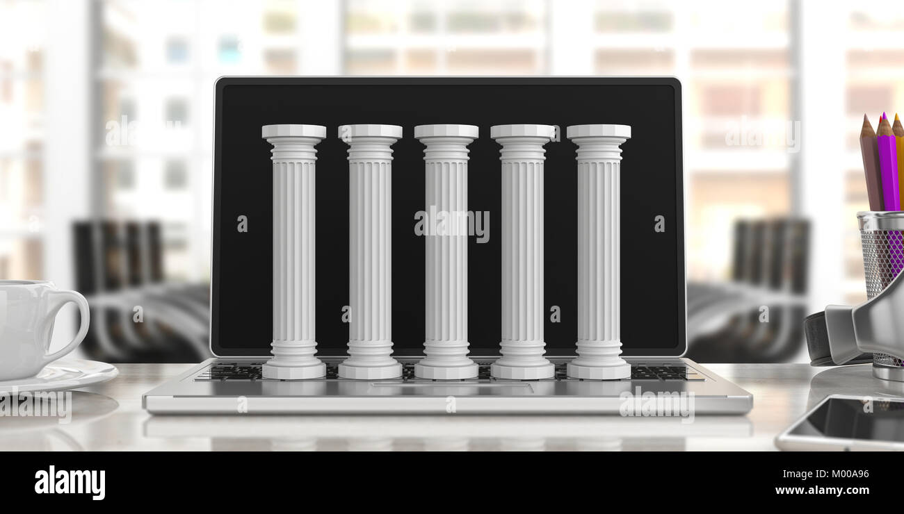 Five classical pillars on a computer, blur office background. 3d ...