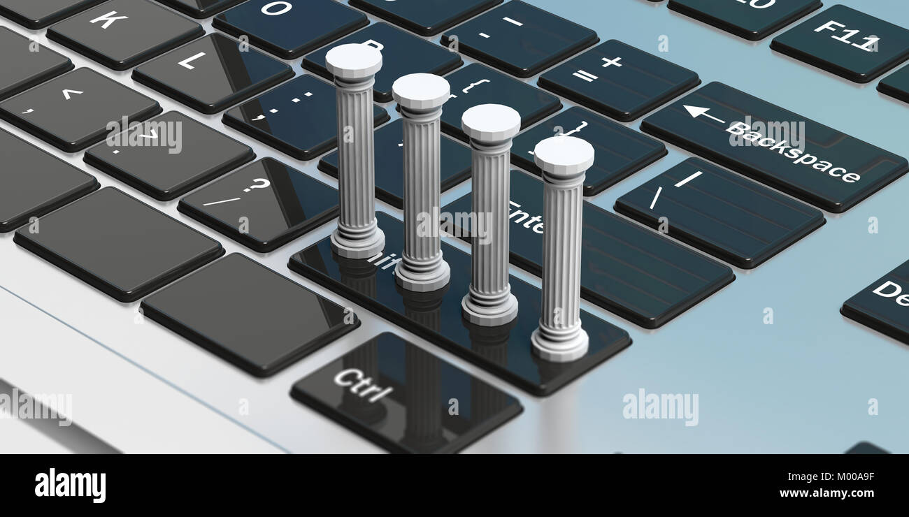 Four white classical pillars on a silver computer keyboard. 3d ...