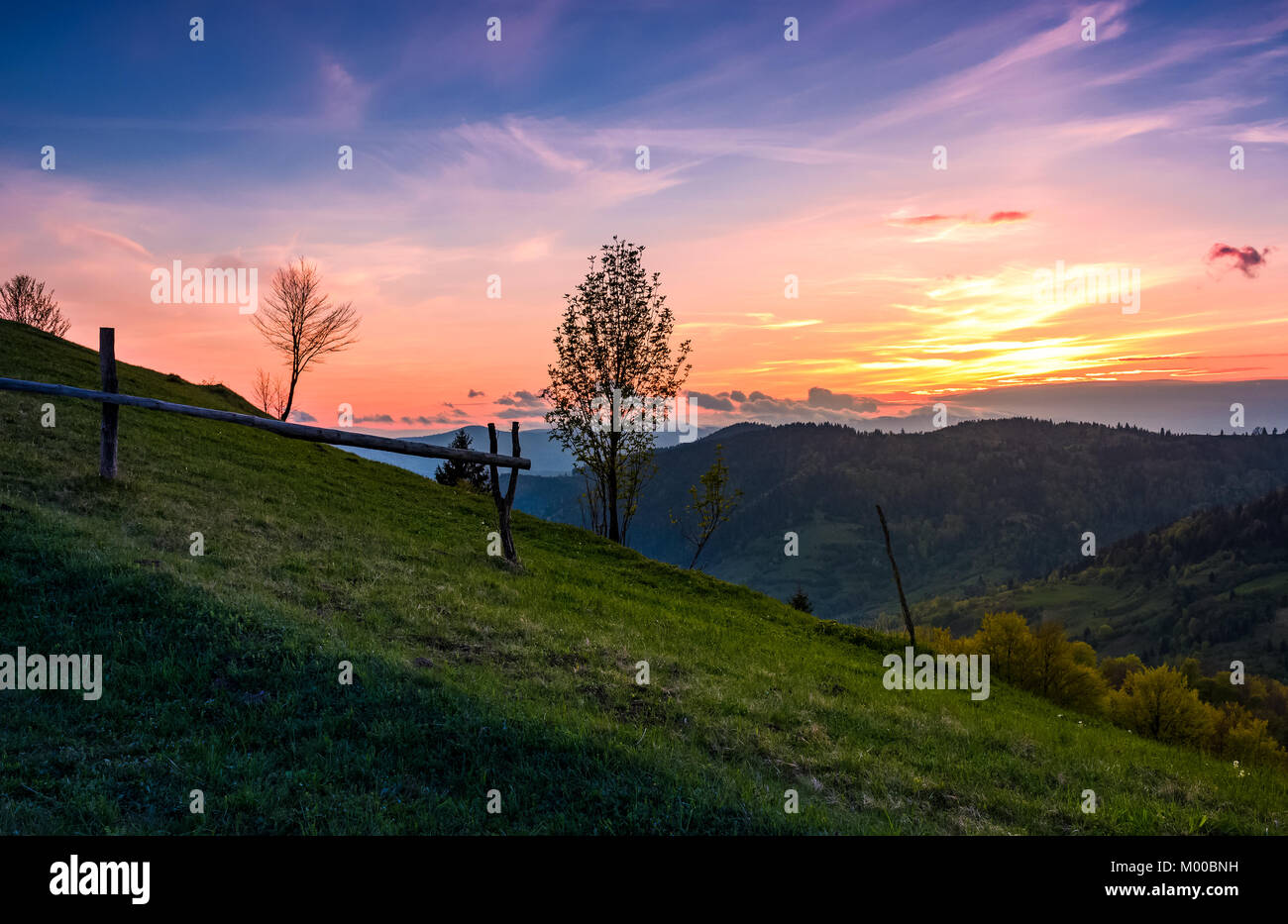 grassy slope rural area at sunset. beautiful mountainous landscape of ...