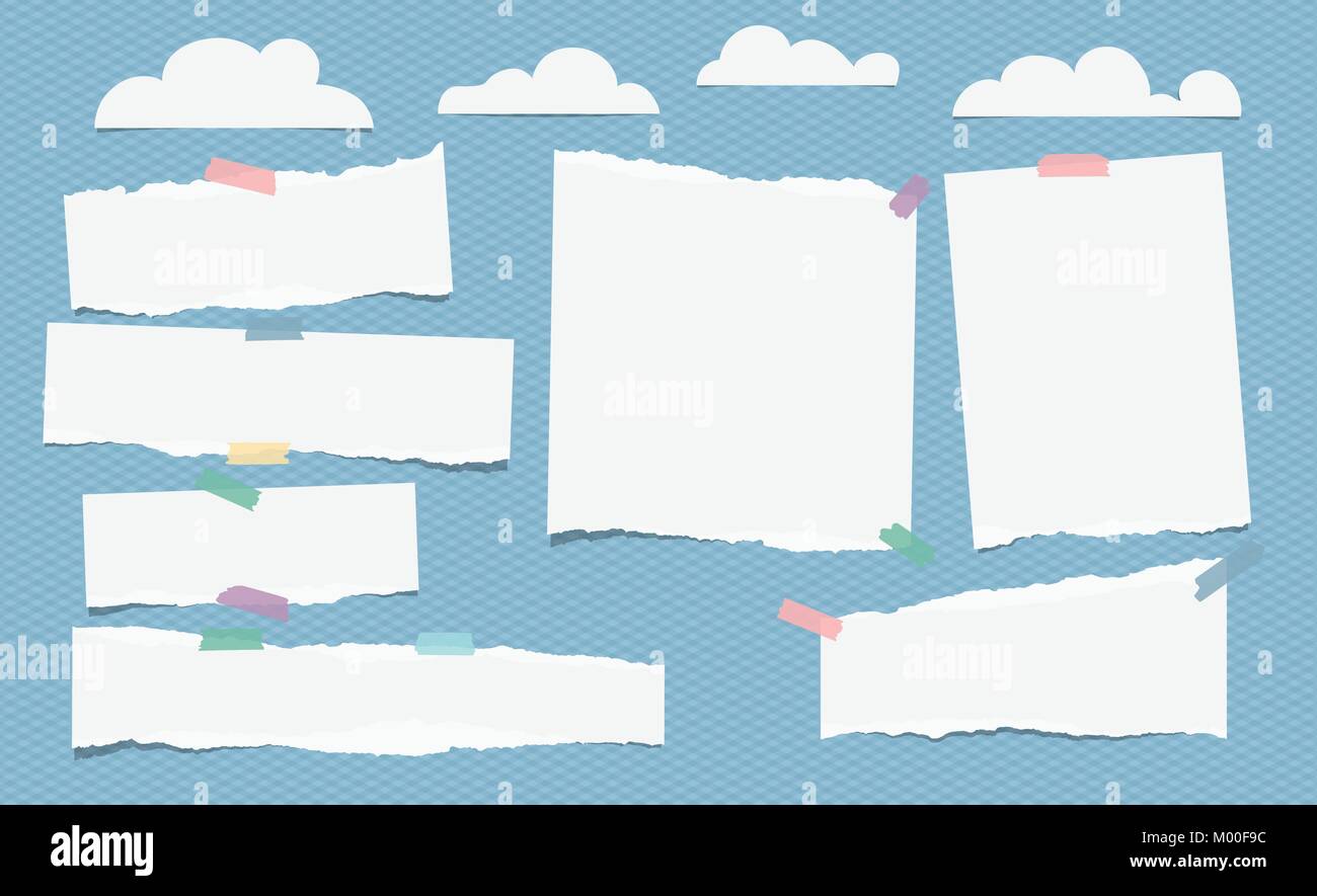 Pieces of ripped white blank note, notebook paper with clouds on blue ...