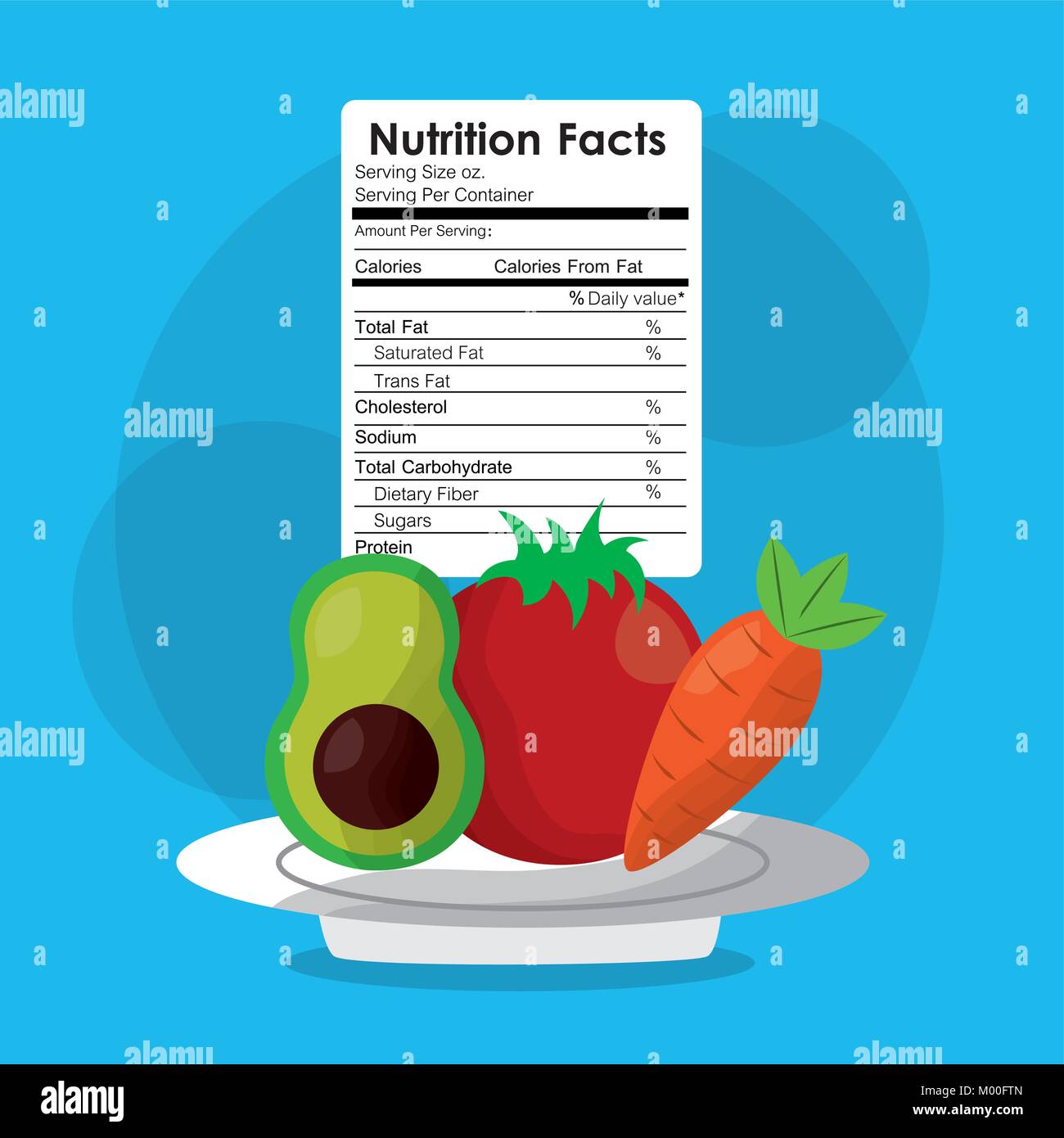 avocado tomato carrot healthy food nutrition facts label benefits Stock ...