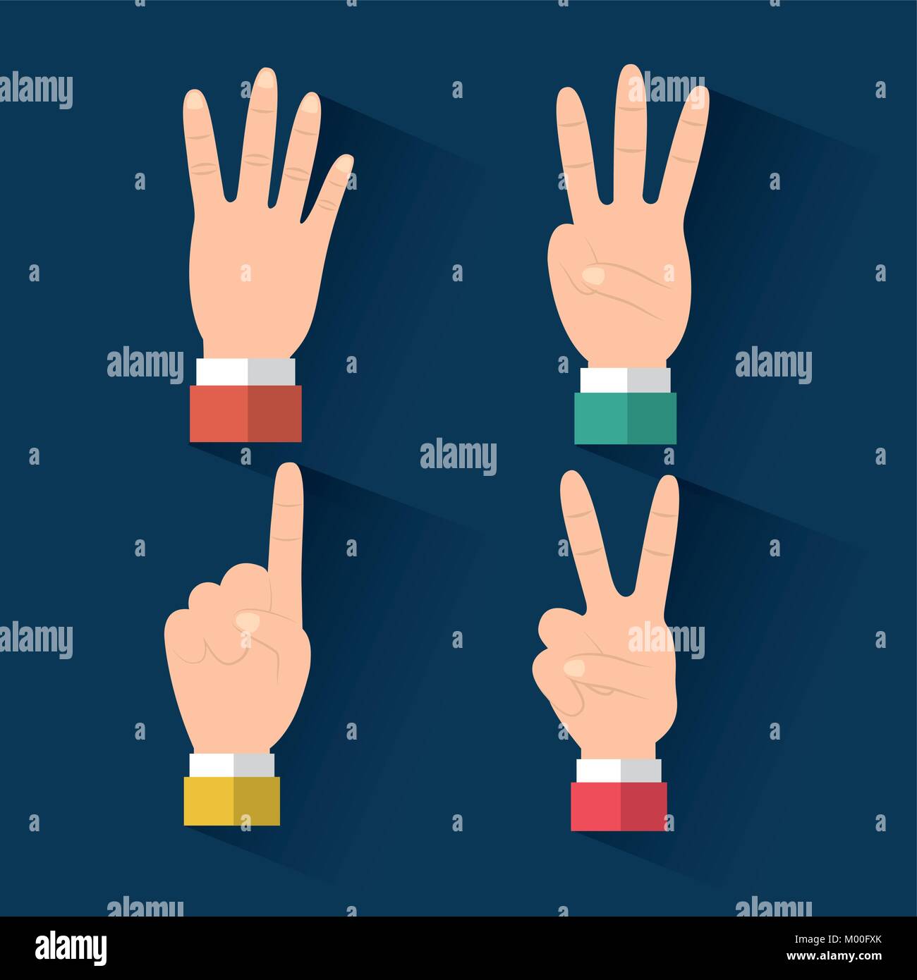 set of hands differents gestures count on fingers blue background Stock ...