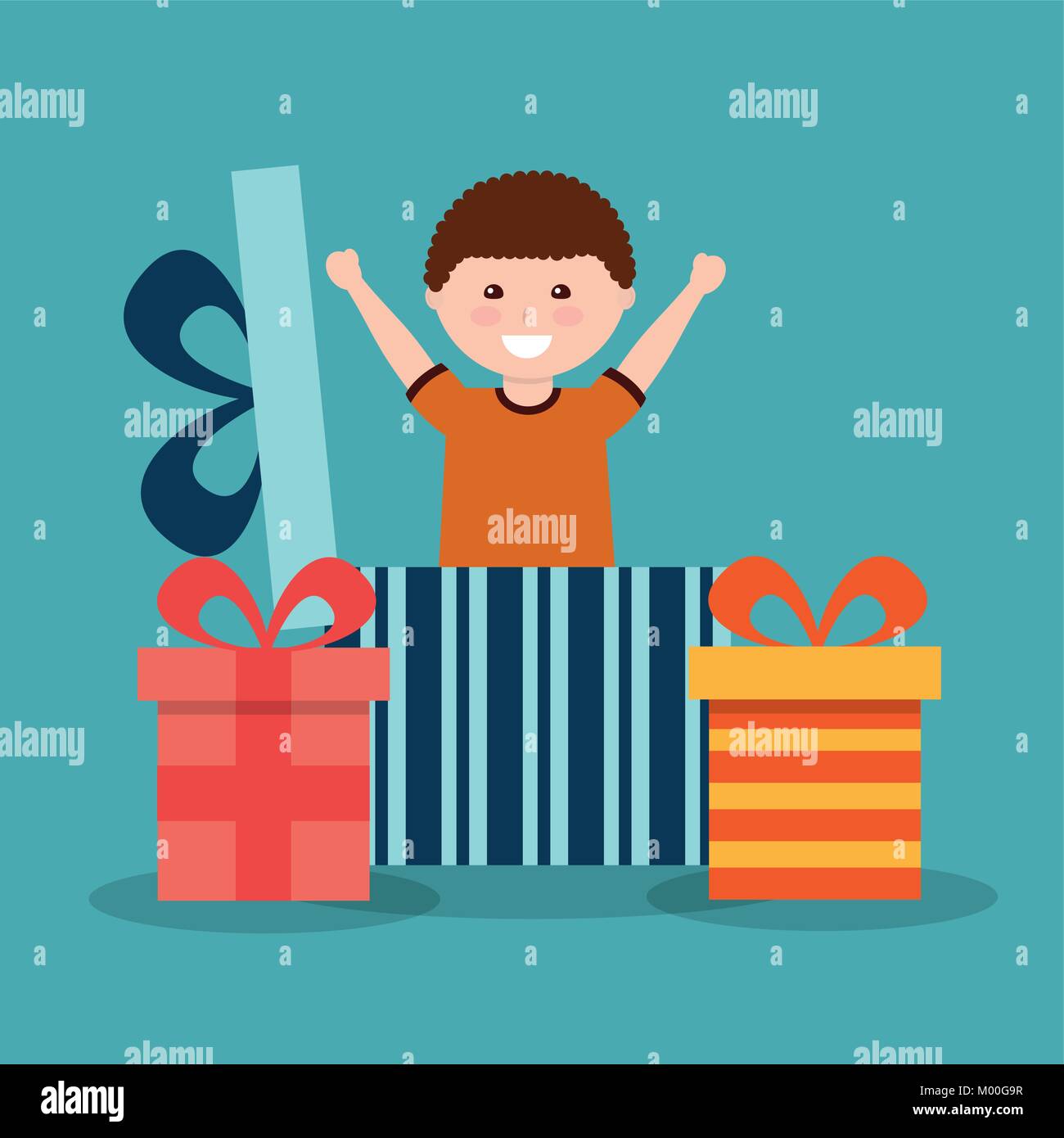 Funny cartoon boy with a big gift box in his hands. Vector cutout art ...