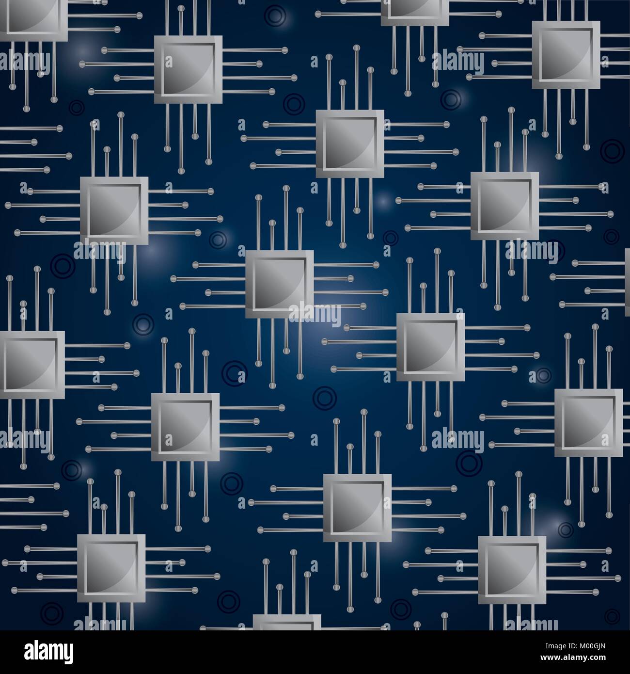 Circuit Board Seamless Pattern Background Of Microchip Elements Stock