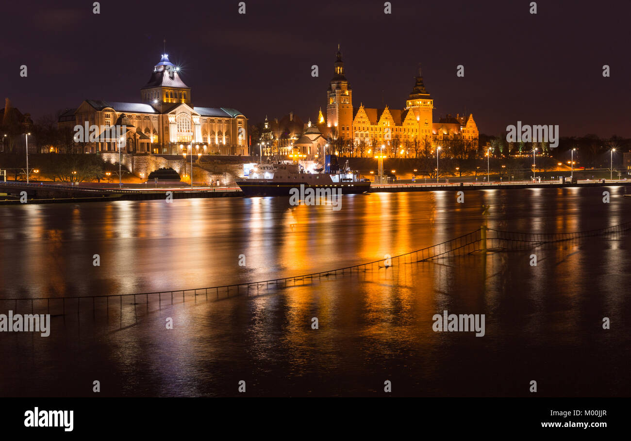 Szczecin by night / city in Poland, waterfront view of the historical ...