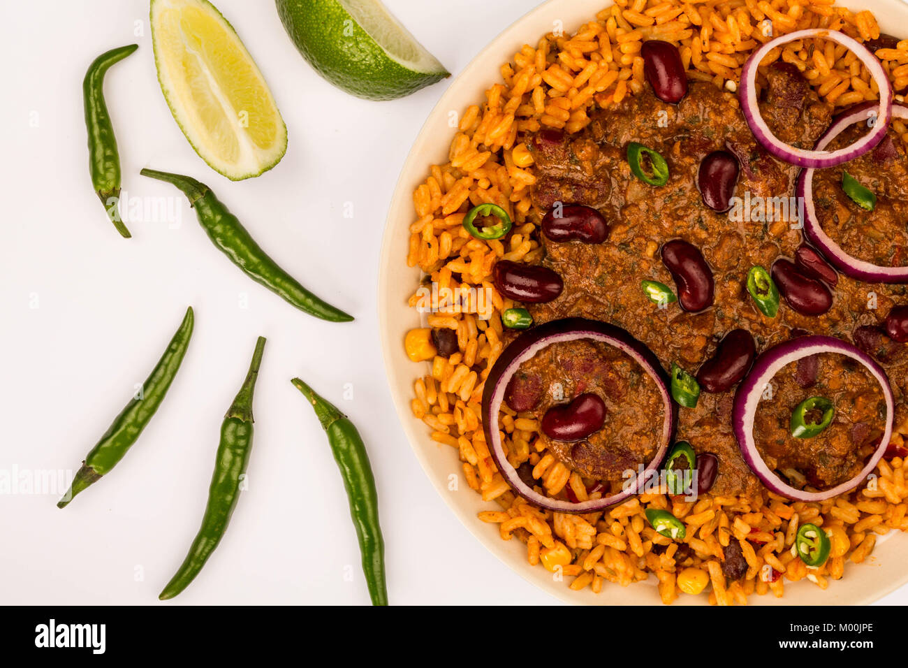 Mexican Style Chilli Con Carne With Rice and Onions Isolated Against A ...