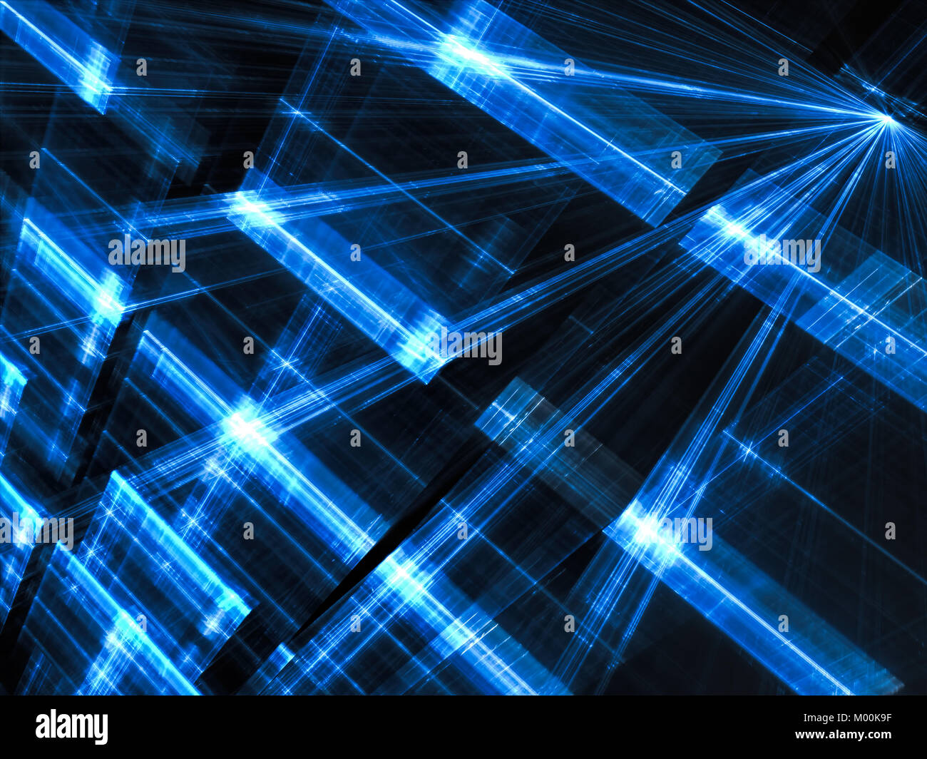 Diagonal lights wall - abstract computer-generated image. Dark blue ...