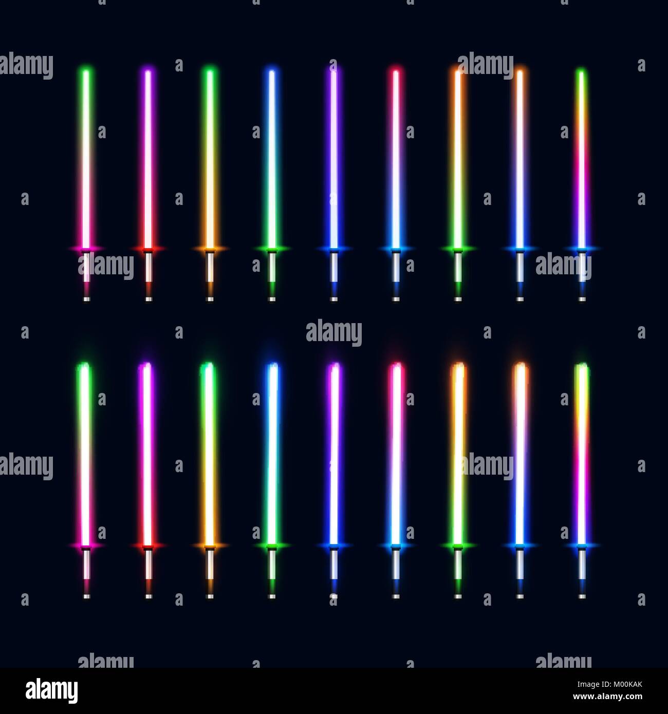 Collection of colorful glowing sabers isolated on dark blue background ...