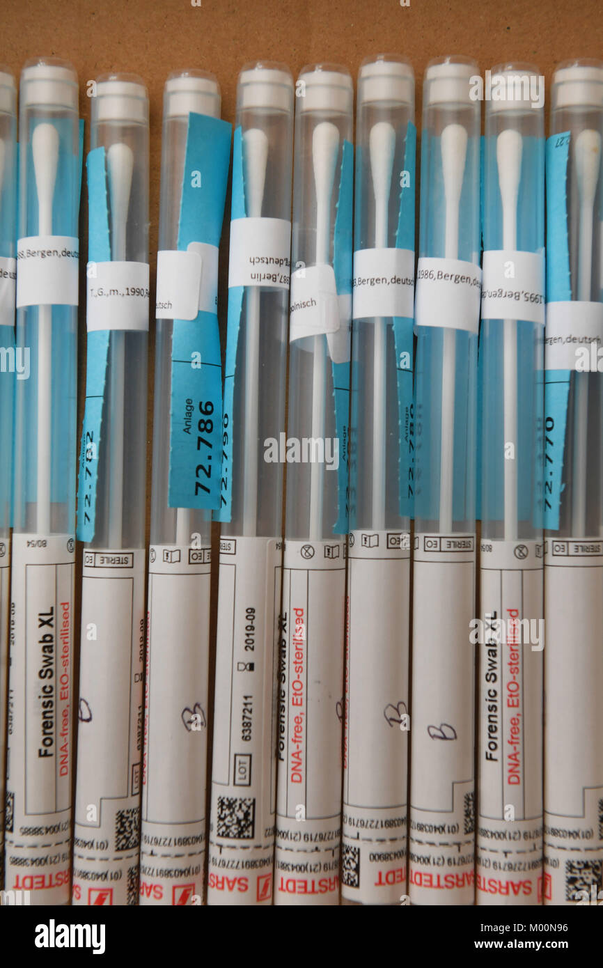 Ruegen, Germany. 17th Jan, 2018. DNA evidence collection tubes lie on a ...