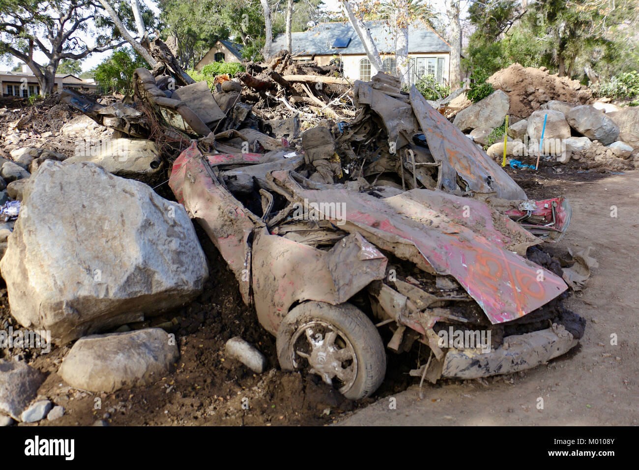Montecito, California, USA. 17th Jan, 2018. Mangled car. Destruction on ...