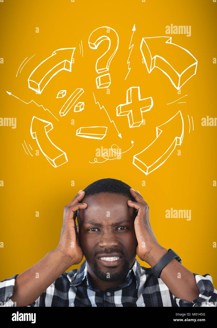 Confused or angry man holding his head with drawings Stock Photo - Alamy