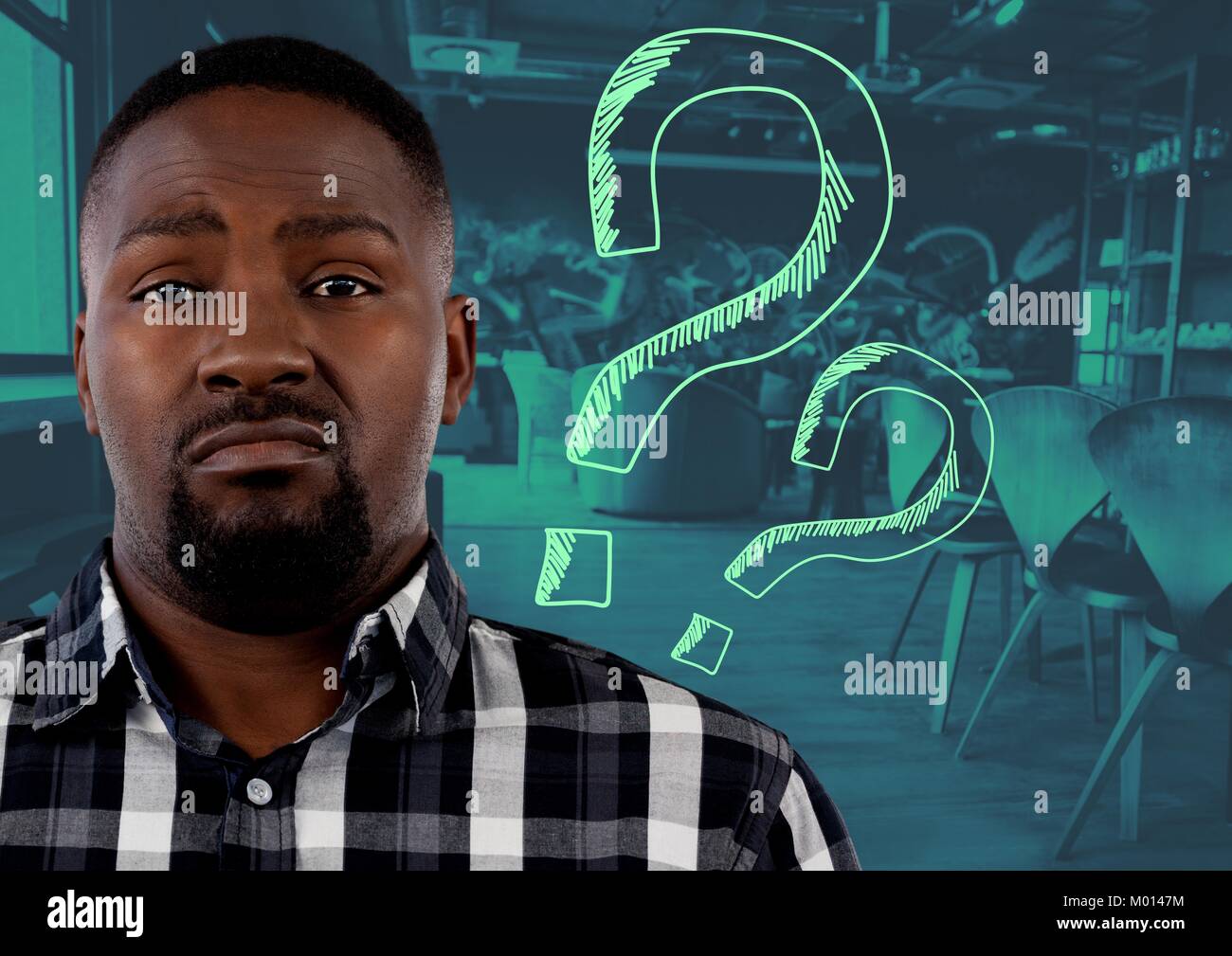 Confused or disgusted man in a blue office and question marks Stock ...