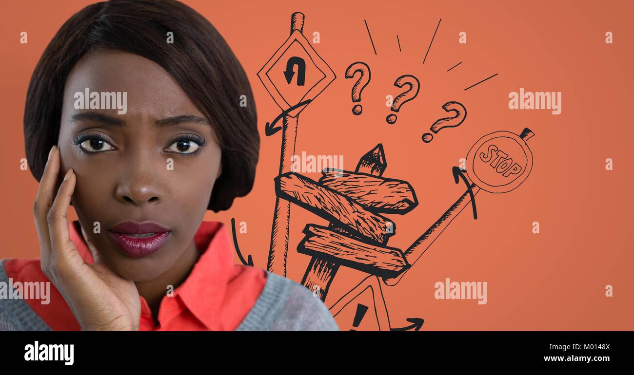 Confused woman with direction drawing Stock Photo - Alamy