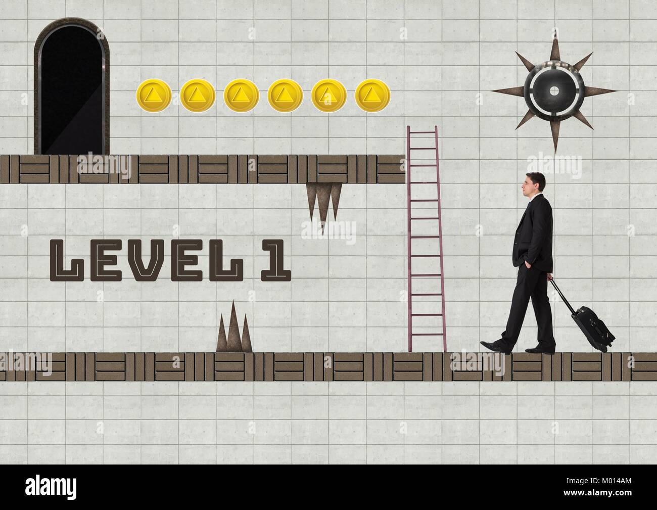 Level 1 text and Businessman in Computer Game Level with traps and ...