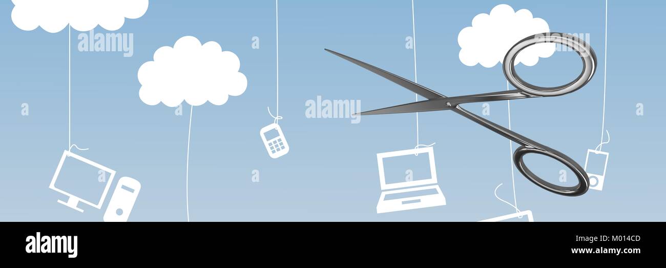 Scissors with hanging computer devices on strings Stock Photo - Alamy