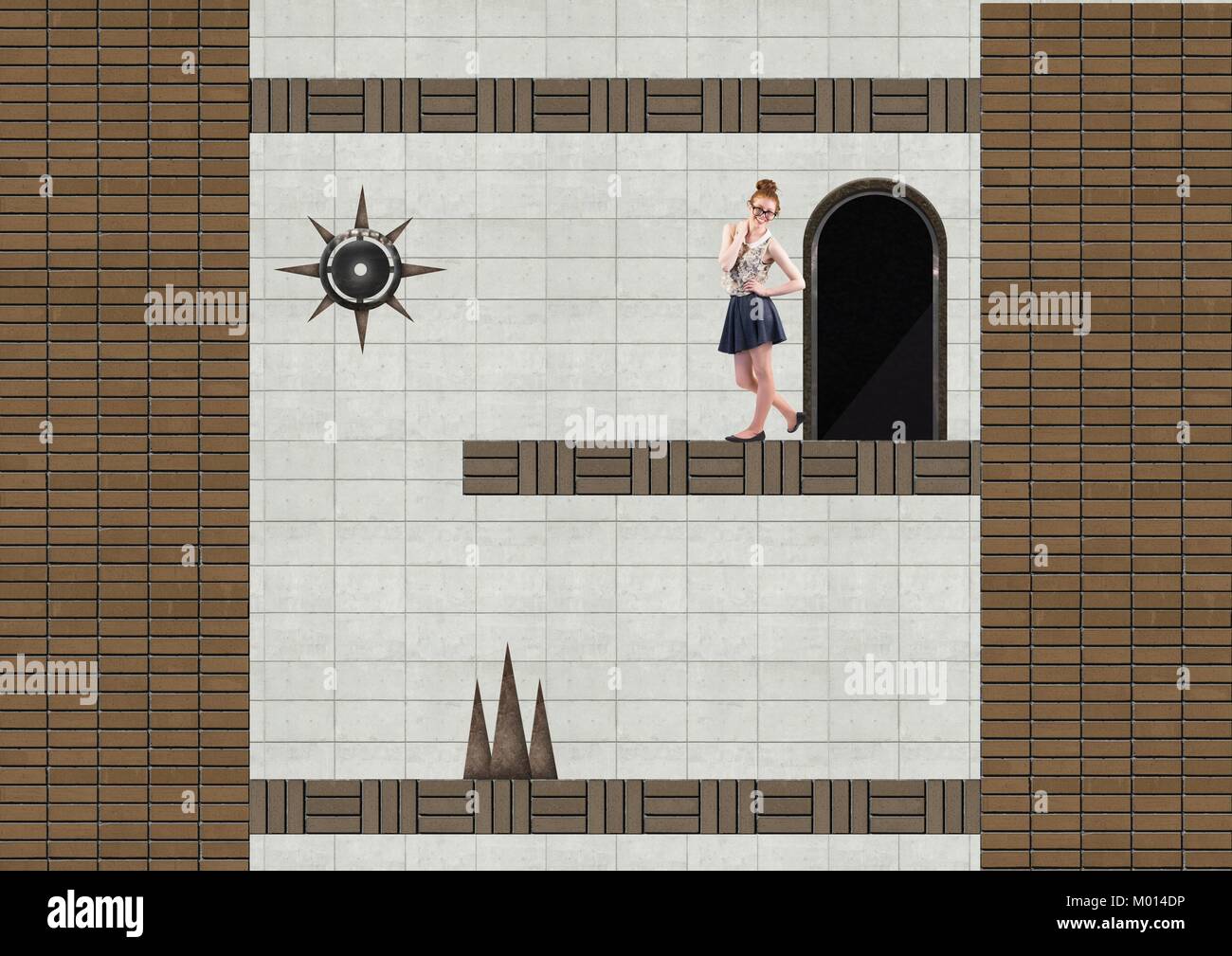 Woman in Computer Game Level with traps Stock Photo - Alamy