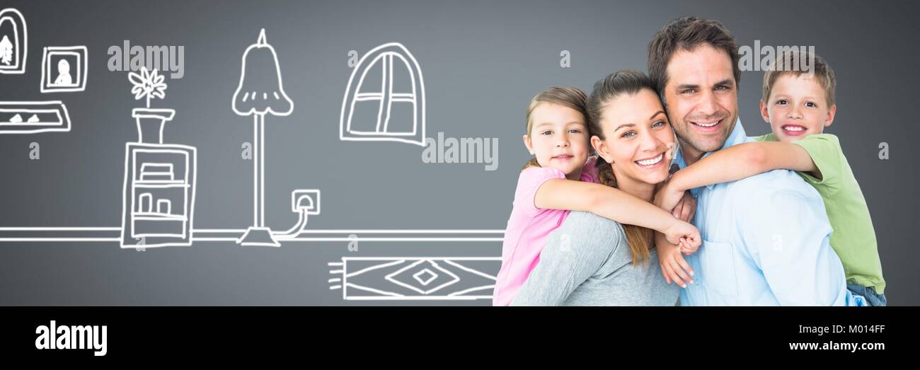 Family close together with home drawings Stock Photo - Alamy