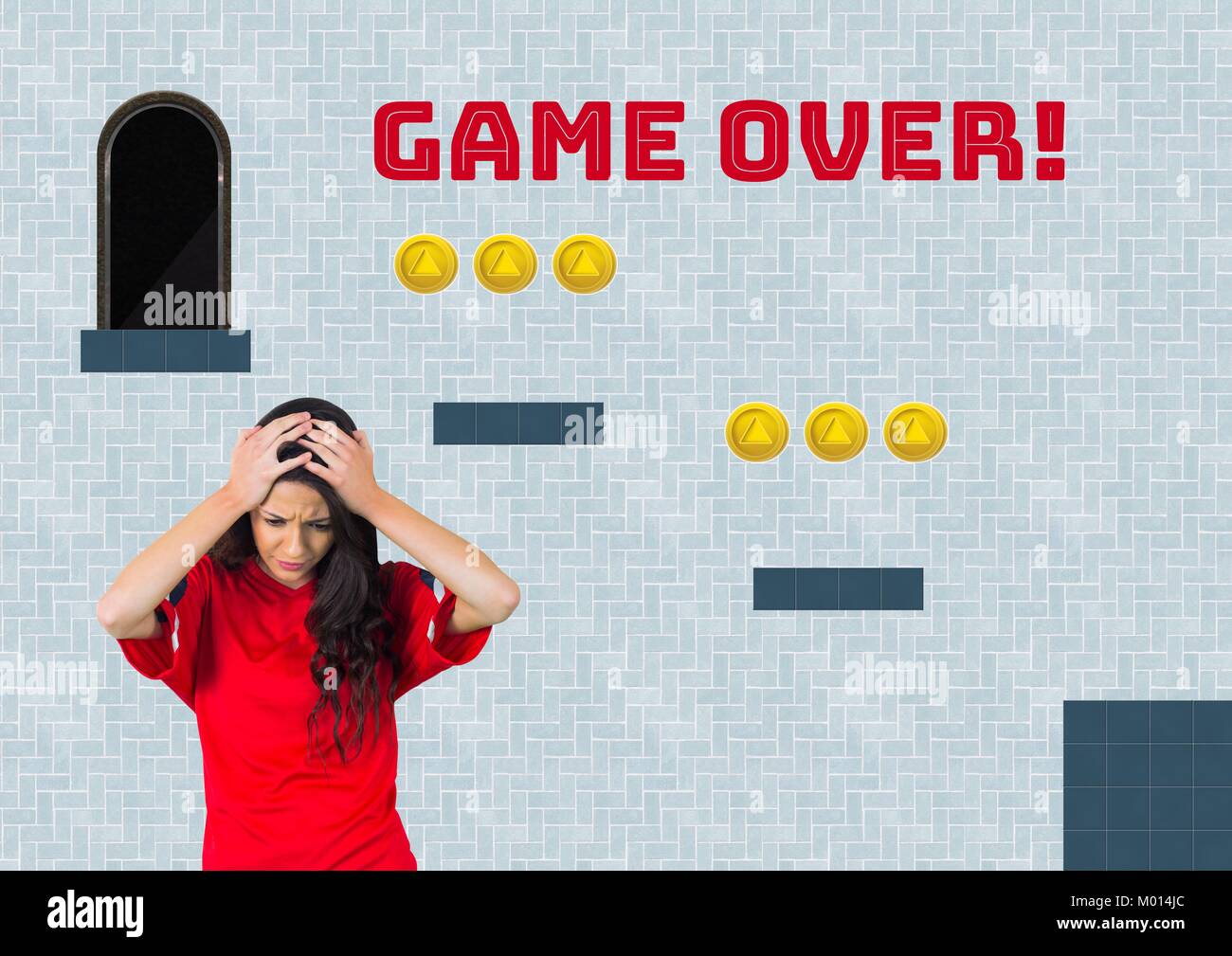 Game over text and woman in Computer Game Level with coins Stock Photo ...