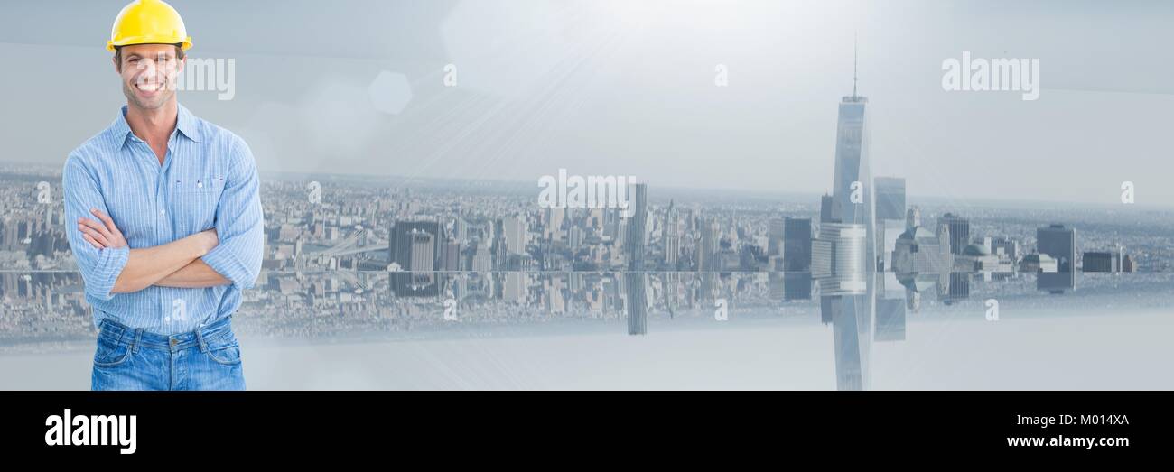 Construction Worker over large city buildings Stock Photo - Alamy