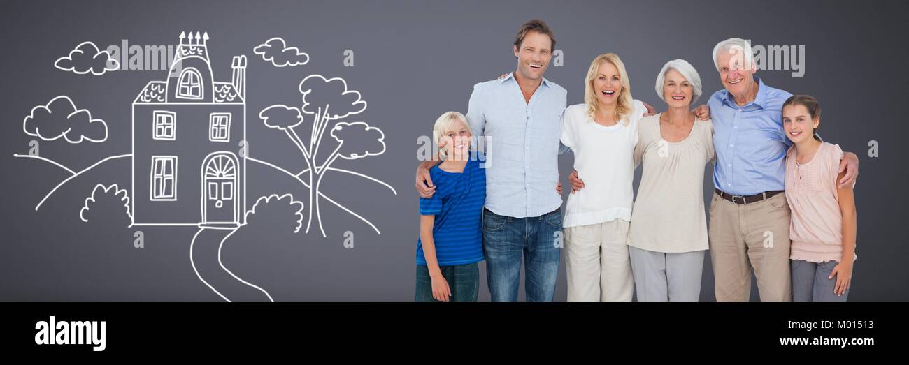 Family generations together with home drawing Stock Photo - Alamy