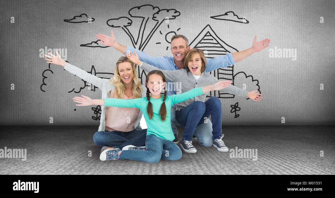 Family having fun with garden drawing Stock Photo - Alamy
