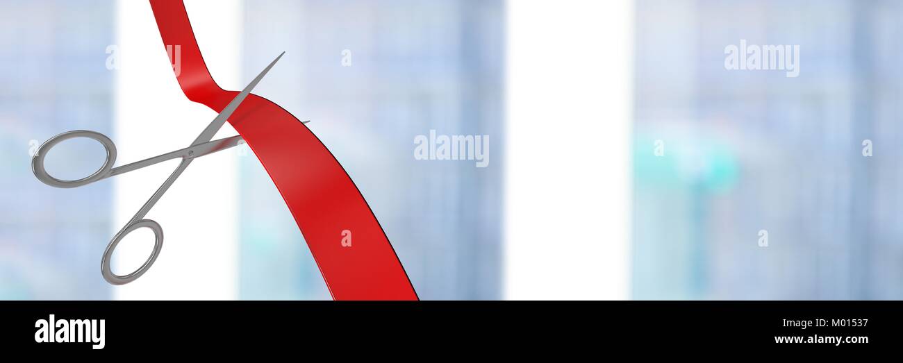 Scissors cutting ribbon with office Stock Photo - Alamy