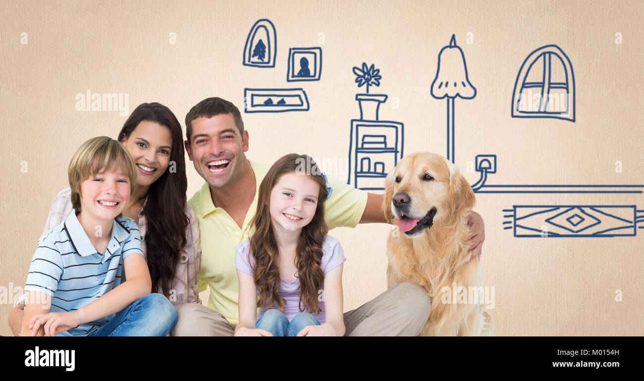 Family with dog and home drawings Stock Photo - Alamy